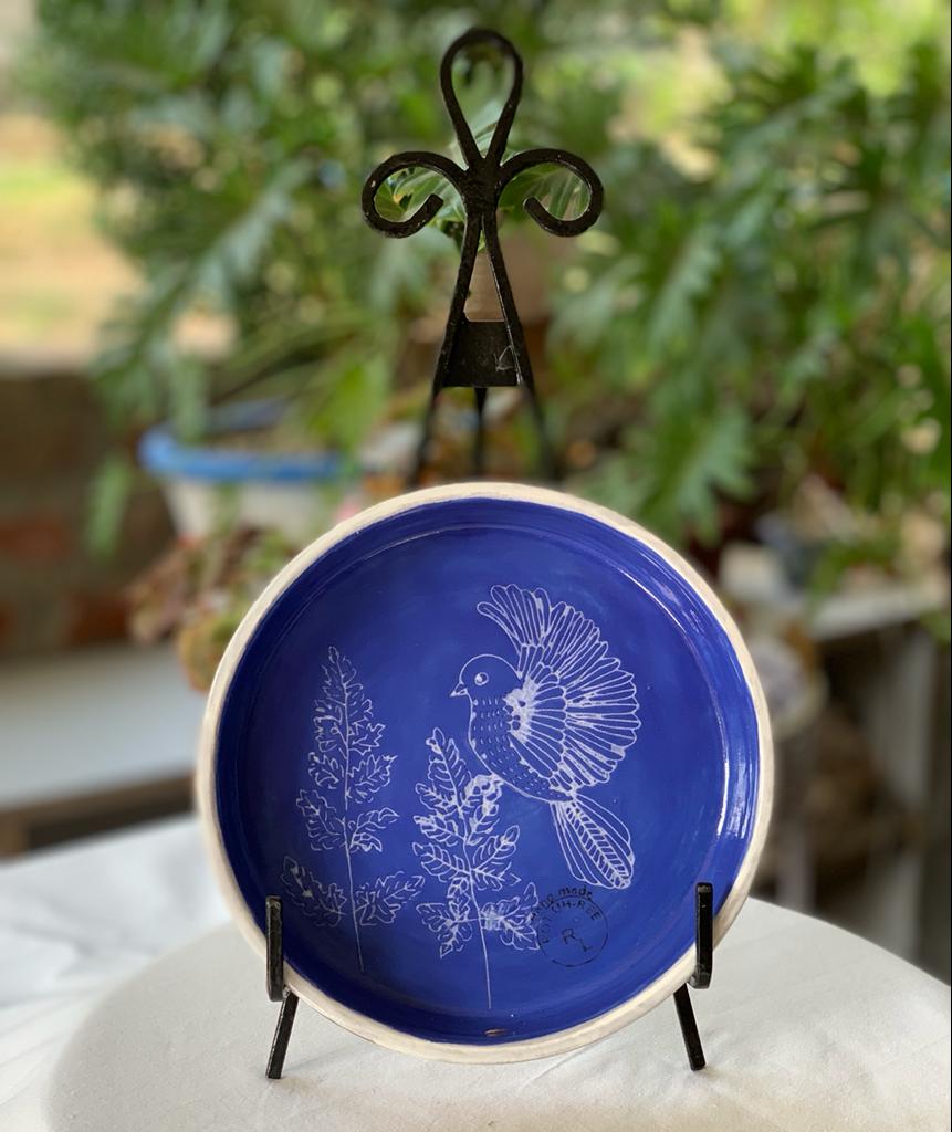Terracotta sgraffito blue plate – Studio Pot-uh-ree